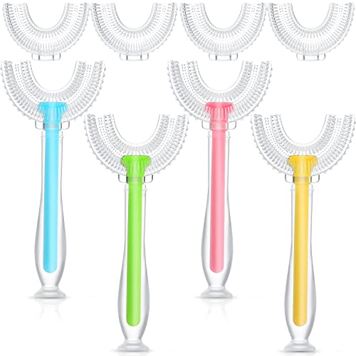 4 Pack Kids Toothbrush U Shaped Toothbrush with 4 Pcs Silicone Brush Head 360 U Type Whole Mouth Toothbrush Half Circle Toothbrush for Toddlers Children Ages 2-6 (Bright Colors,Classic Style)