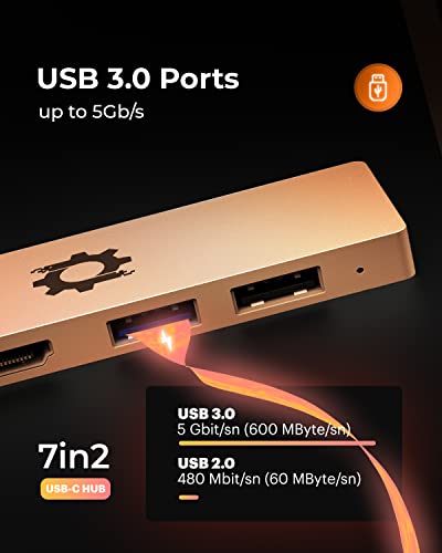 NOV8Tech USB C Hub Dual 4K HDMI Triple Display USB Hub 3.0 Adapter for MacBook Pro 2020/2019/2018/2017/2016 & MacBook Air 2020-2018, 7 in 2 Gold 100W USB C Dock, SD & Micro SD Reader, USB 3 & USB 2
