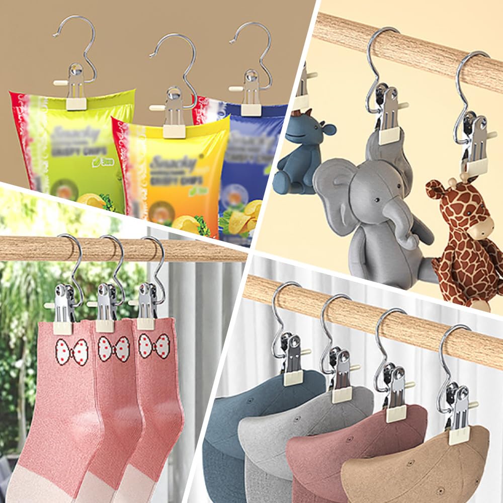 30 PCS Anti-Rust Clip Space-Saving Clothespin Hat Pants Storage Hanging Travel Hook, Heavy Duty Hanging Hooks Clip, 360° Rotating Stainless Steel Hanger Clips Towel Clips (Black, 30)