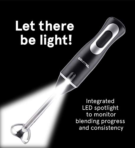 Gourmia GHB2360 12 Speed Illuminating Immersion Hand Blender with Turbo Mode - Comfortable Ergonomic Handle - Whisk Attachment Included - Integrated LED Spotlight - 300 Watt Motor - Black