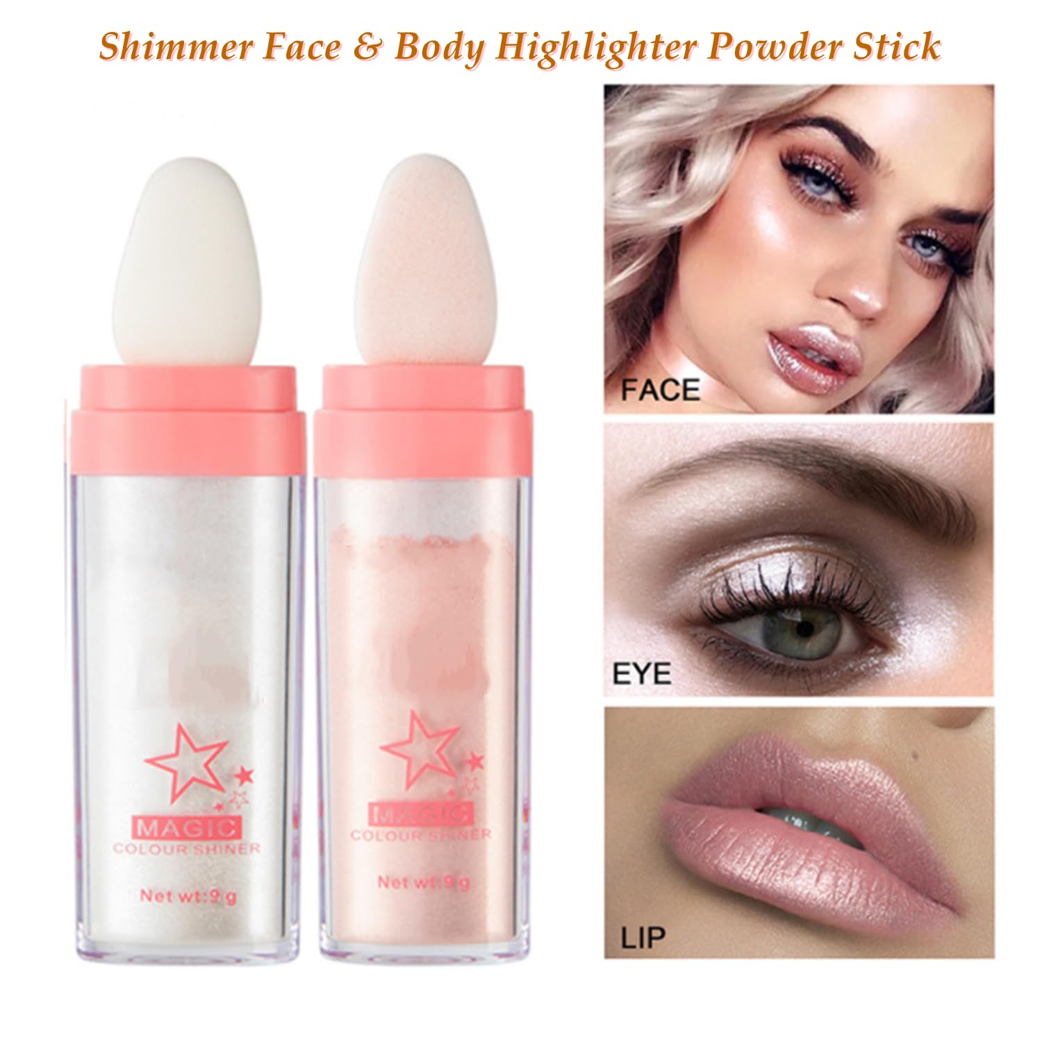 3PC Shimmer Face and Body Highlighter Powder Stick Makeup,Natural Three-dimensional Face Powder Blusher,High Gloss Fairy Glitter Sparkle Patting Powder Makeup (White+pink+gold)