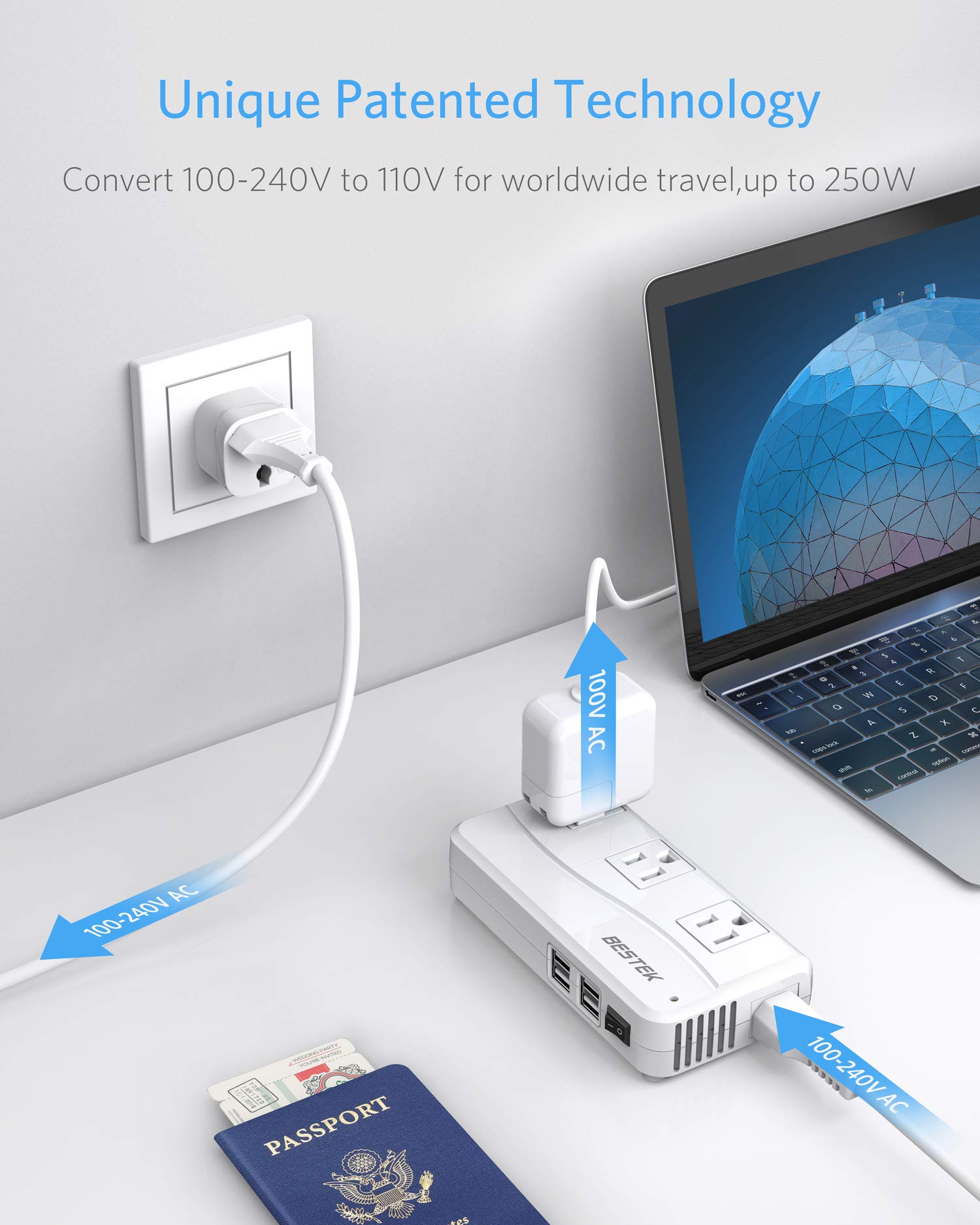 BESTEK International Power Adapter 250W, 220V to 110V Step Down Travel Voltage Converter with 4-Port USB Including US/AU/EU/UK//India/South Africa Plug Adapter (White)