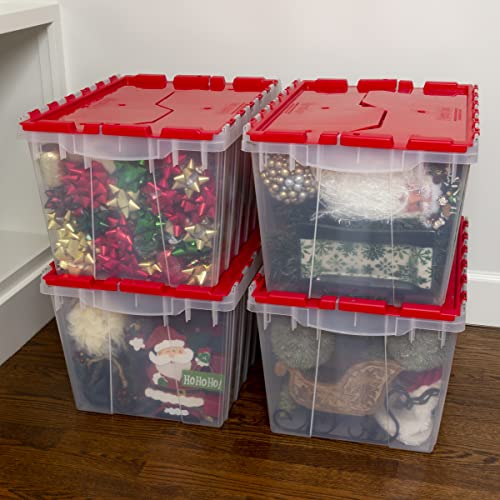 Akro-Mils 6648612-Gallon Plastic Stackable Storage KeepBox: Tote Container with Attached Hinged Lid, 21-1/2-Inch x 15-Inch x 12-1/2-Inch, Clear/Red