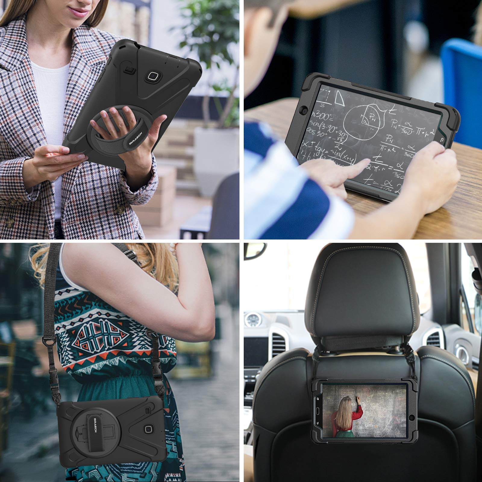 BRAECNstock Samsung Galaxy Tab E 8.0 Case (SM-T375/T377/T378),Shockproof Durable Protective Cover with 360° Kickstand&Hand Strap,Shoulder Strap,Kids Tablet Case for Galaxy SM-T377A/T377V/T378V,Black