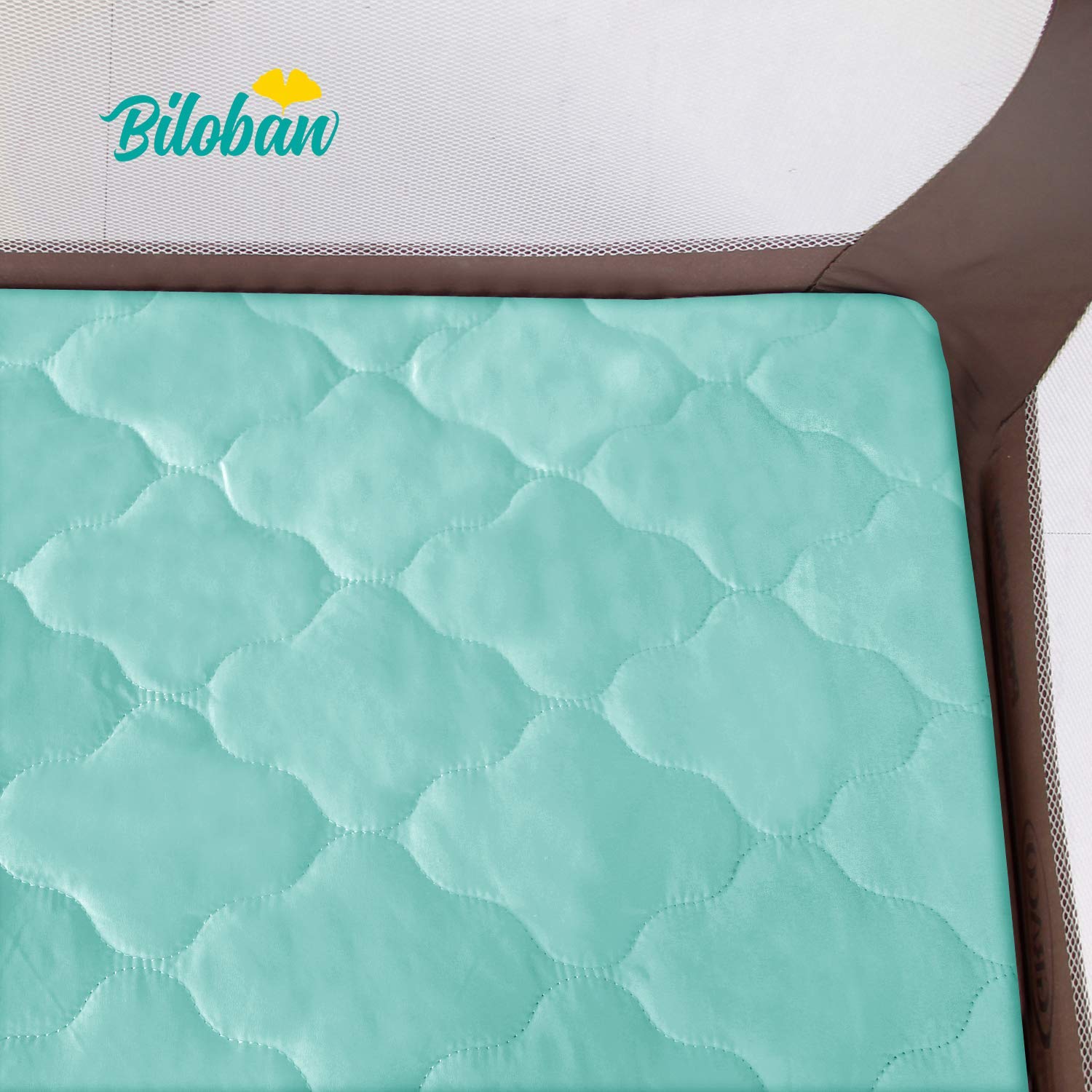 Pack n Play Sheet Quilted Waterproof Protector, 2 Pack Premium Fitted Pack n Play Pad Cover 39" X 27" fits for Baby Foldable and Playard Mattress, Portable Mini Crib,White&Aqua