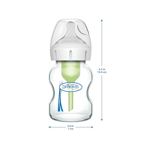 Dr. Brown's Natural Flow Anti-Colic Options+ Wide-Neck Glass Baby Bottle 5 oz/150 mL, with Level 1 Slow Flow Nipple, 1 Pack, 0m+