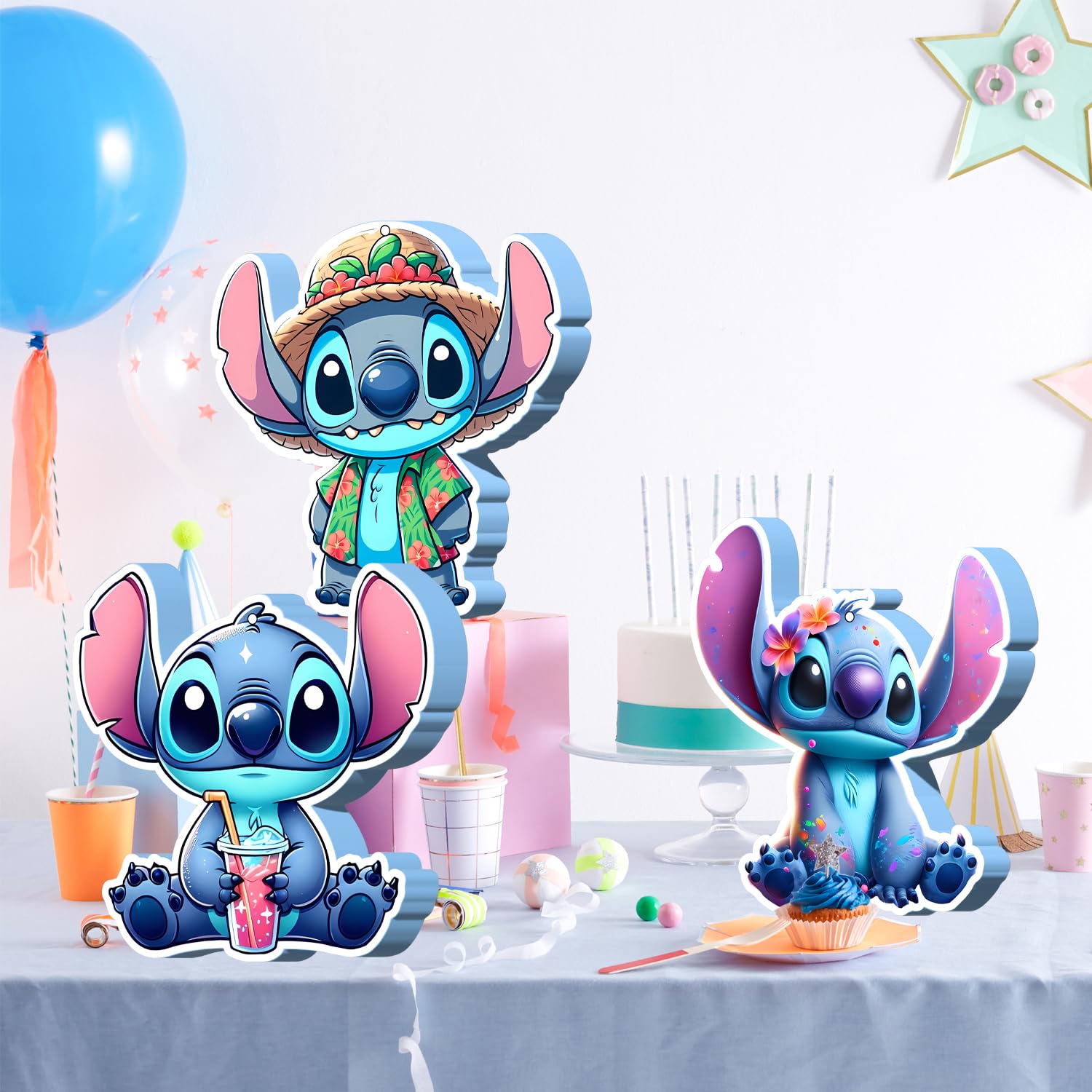 3Pcs Birthday Decorations Wooden Sign Double Side Table Decorations Hawaiian Aloha Theme Table Centerpieces Tierd Tray Decor for Summer Party Office Home Decor