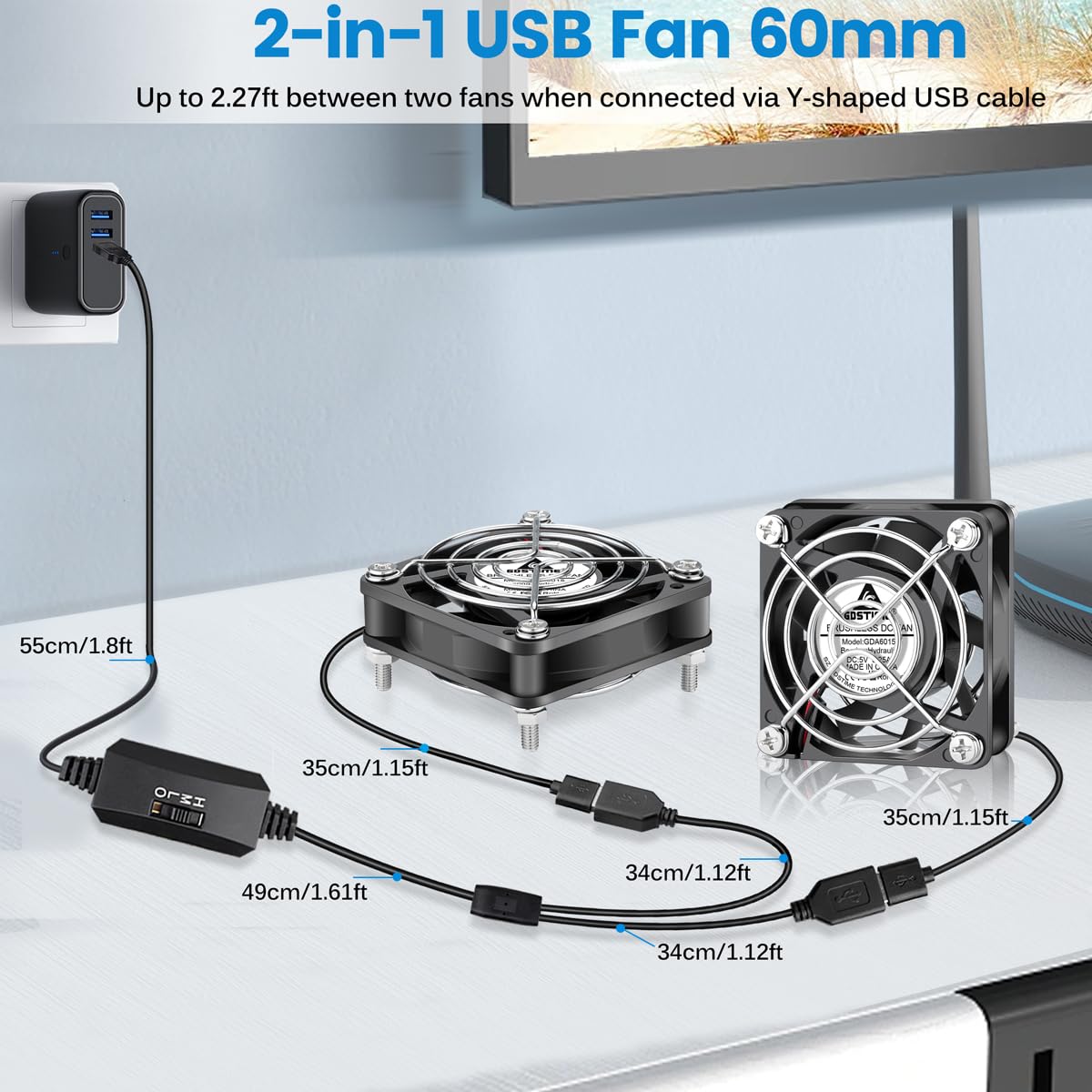 GDSTIME 2-Pack 60mm x 15mm USB Fan with 3 Speed Control, 5V Brushless DC Cooling Fans for PC Computer Case Cooler Raspberry Pi Radiator Ventilation