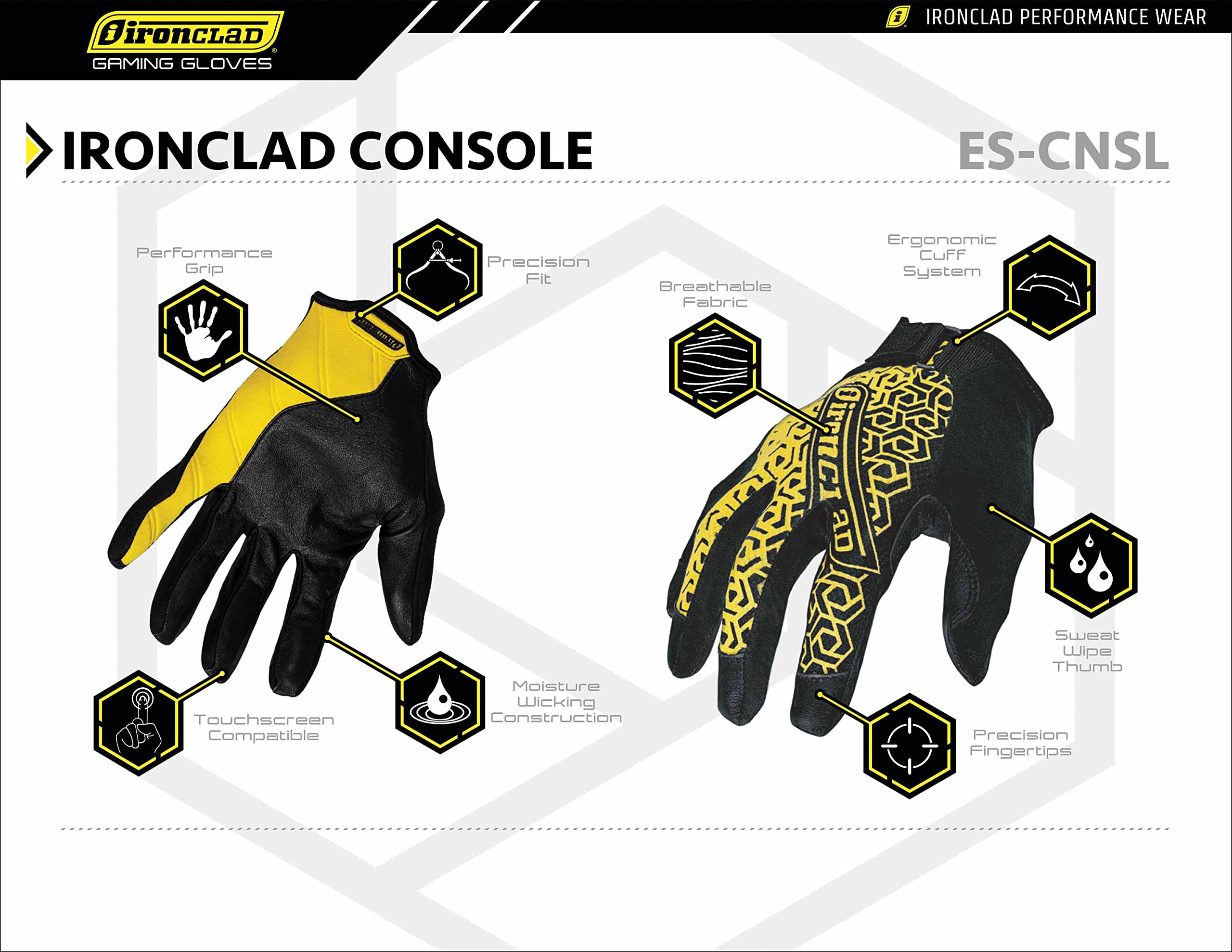 Ironclad Console Gaming Gloves, Precision Fit, Performance Grip, Touchscreen Compatible, Machine Washable, (1 Pair), Size M (ES-CNSL-03-M)