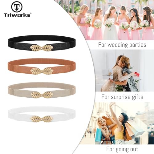 4 Pack Women Skinny Elastic Belt Ladies Fashion Stretchy Thin Waist Belt For Dresses Black/White/Brown/Beige