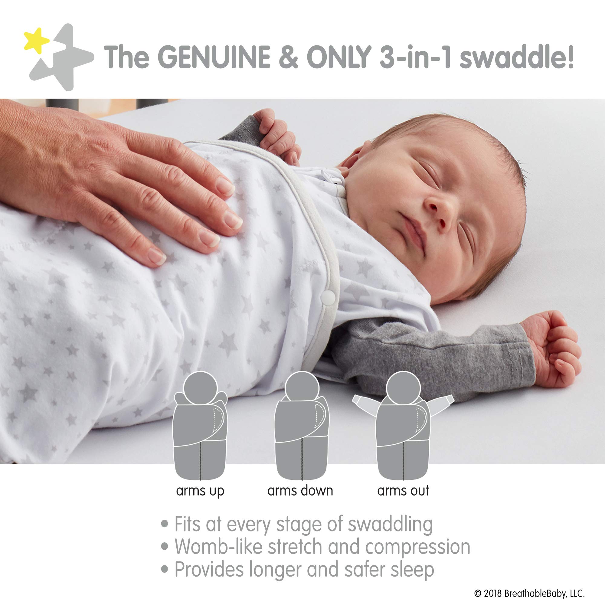 BreathableBaby Adjustable 3-in-1 Soft Premium Cotton Newborn Swaddle Trio Blanket & Wrap, (Infants 0-4 months) β Gray Watercolor Stripe, Arms Up, Arms Down, Arms Out, 61233-A