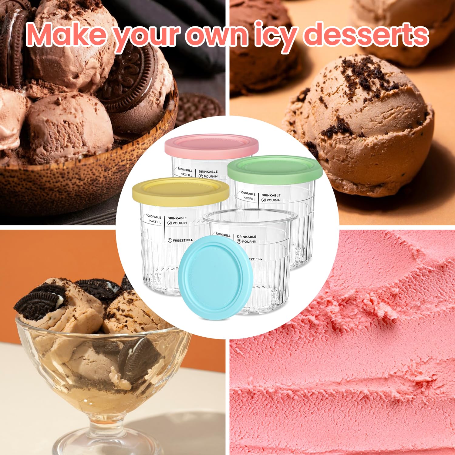 4 Pack-Compatible with NC501 NC500 Ninja Creami Deluxe Pints and Lids, Replacement for Ninja Creami 11-in-1 Series Deluxe Ice Cream Maker, 24oz Cups Dishwasher Safe with 5 Spoons and Insulated Bag