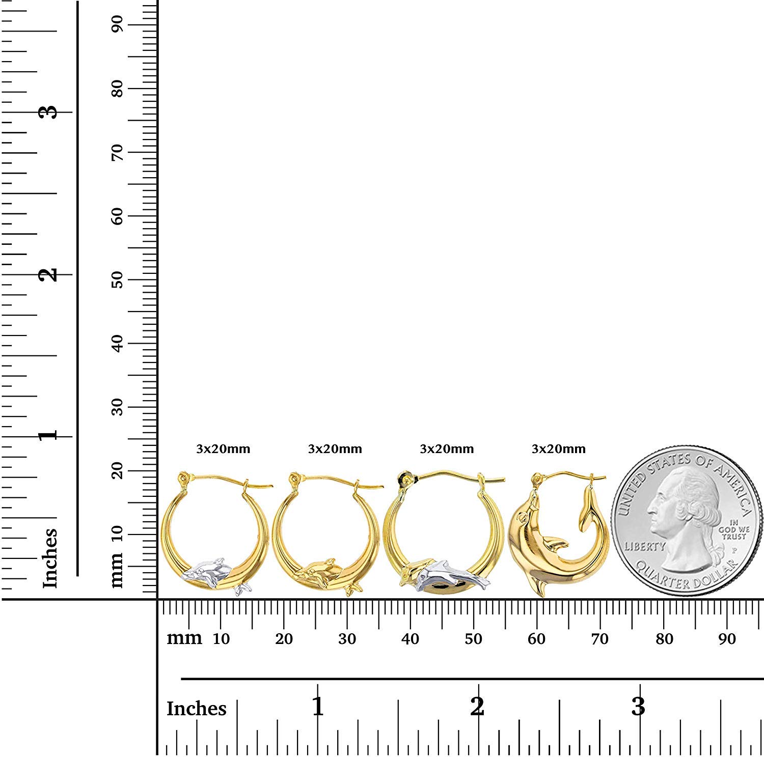 14K Yellow Gold 3mm Thick Dancing Dolphin Hoop Earrings with Hinged Clasp | 3x18mm Hoop | Yellow Gold Dolphin Earrings | Solid Gold Earrings for Women For Women
