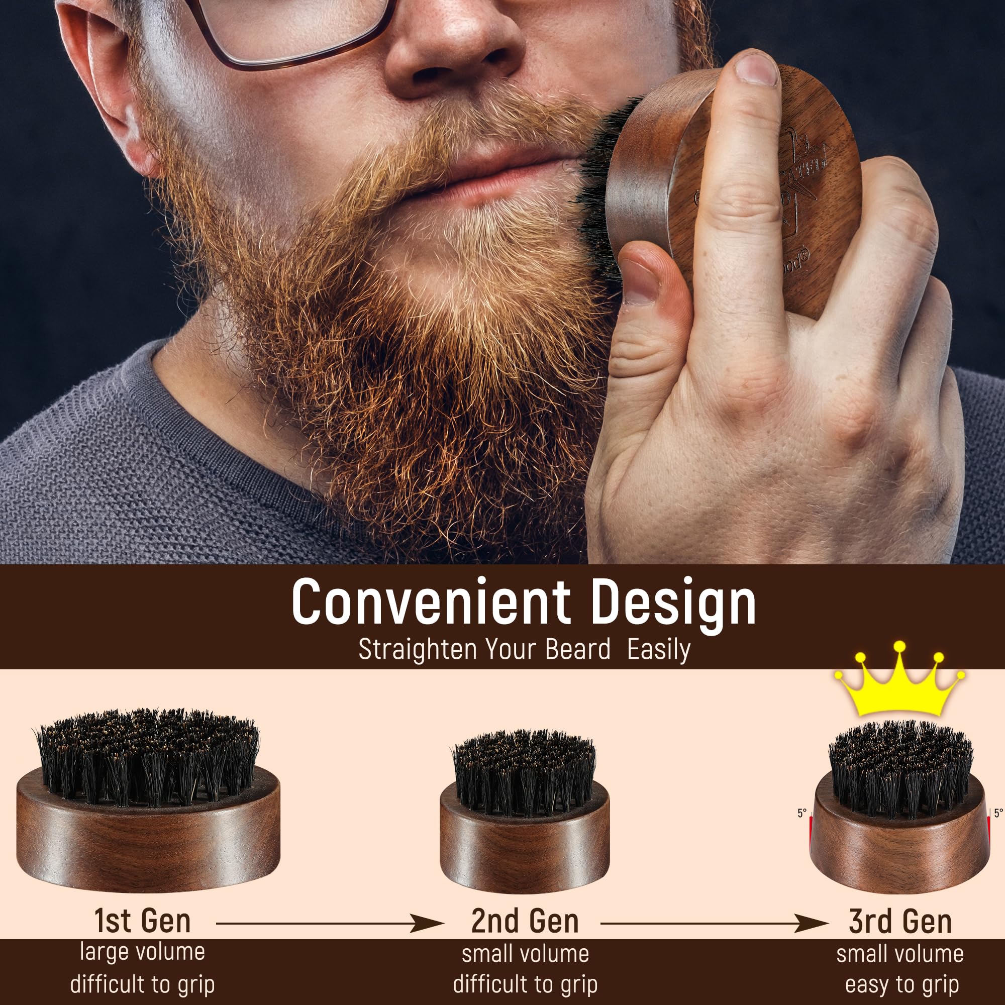 BFWood Beard Brush for Men - Boar Bristles Small and Round - Black Walnut Wood