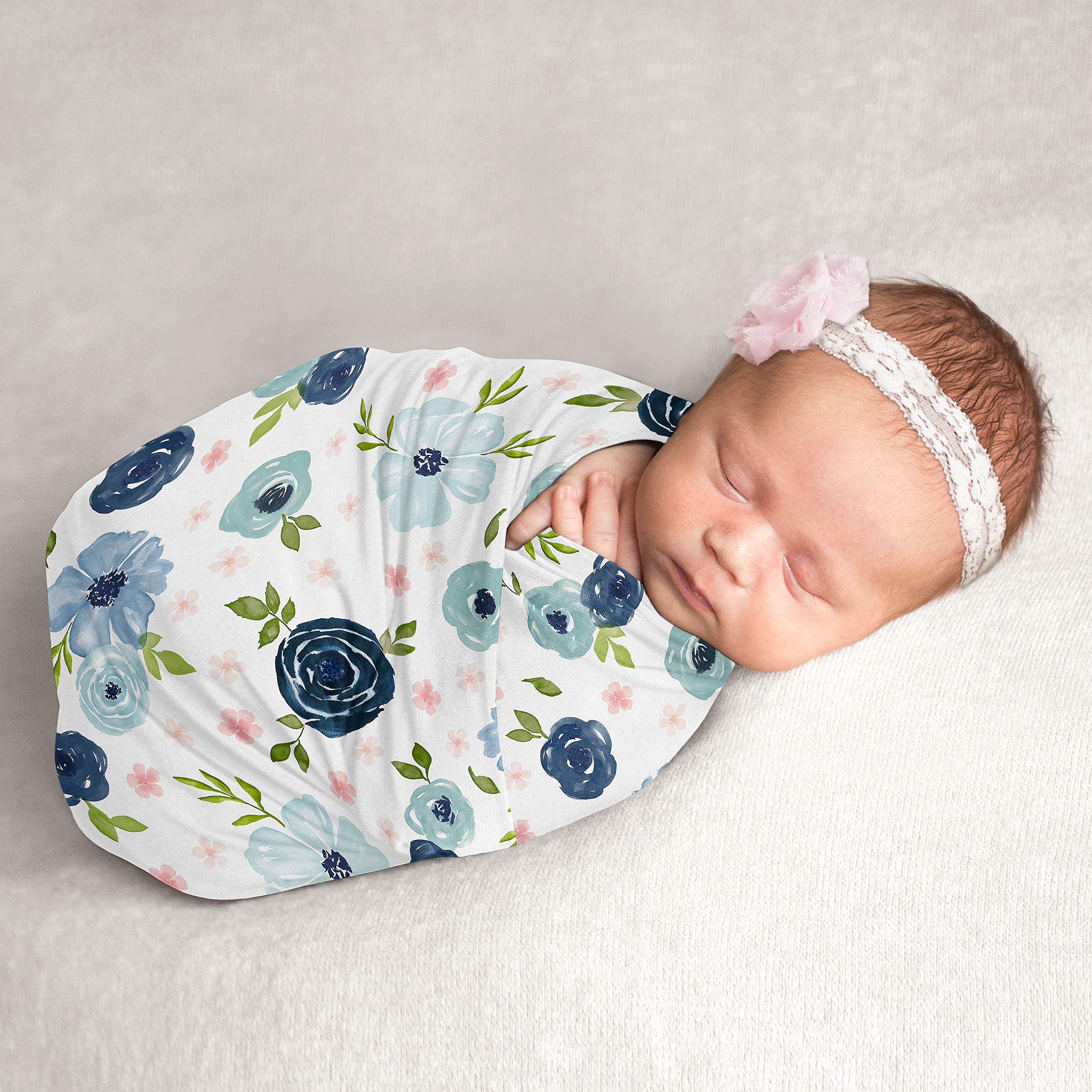 Sweet Jojo Designs Watercolor Floral Baby Girl Swaddle Blanket Jersey Stretch Knit for Newborn or Infant Receiving Security - Navy Blue and Blush Pink Boho Shabby Chic Rose Flower