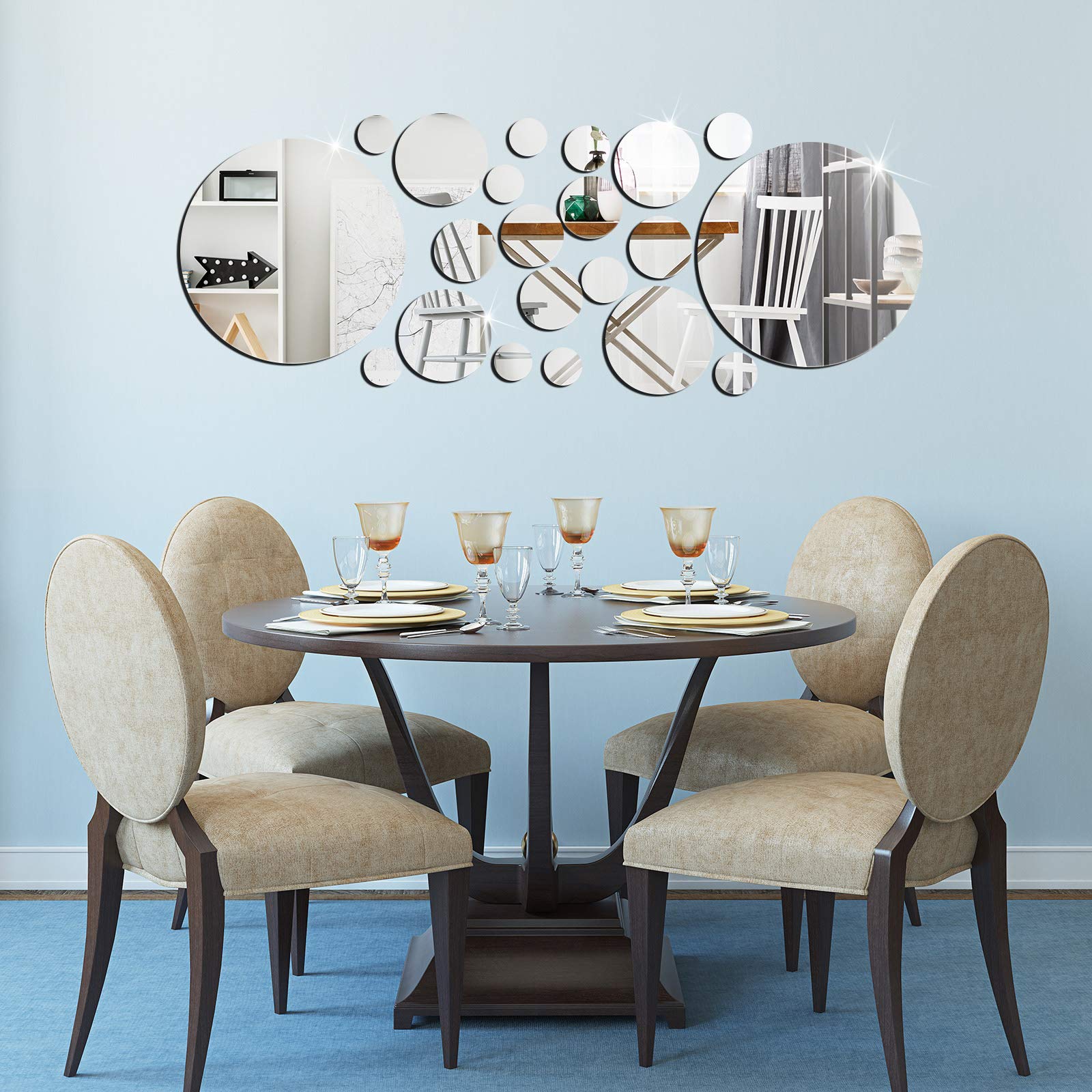 30 Pcs Living Room Wall Decor Home Mirror Wall Stickers Letter Signs DIY Acrylic Mirror Decals 3D Wall Decorations for Home Bedroom Living Room Decor Removable (Silver)