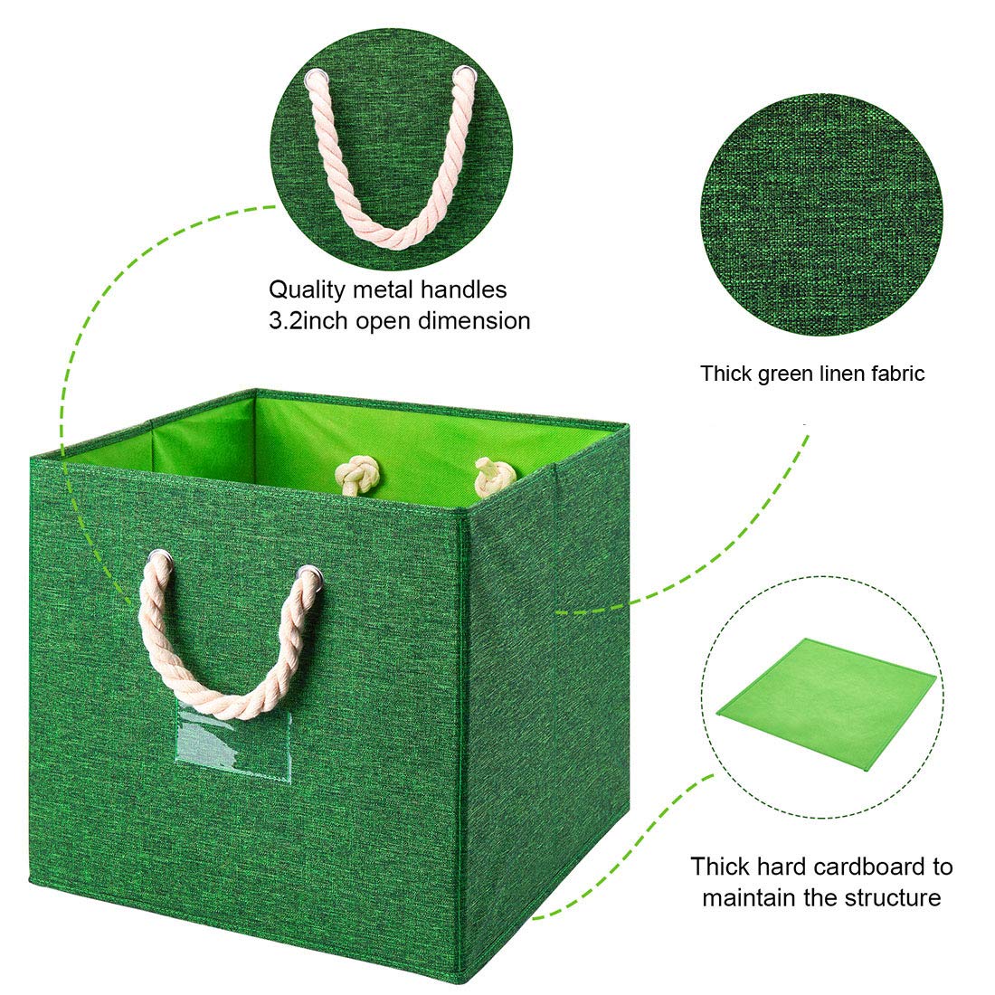 i BKGOO Foldable Storage Cube Bins,Green Linen Fabric Collapsible Resistant Basket Box Organizer with Cotton Rope Handle for Home Office and Nursery 13x13x13 inch