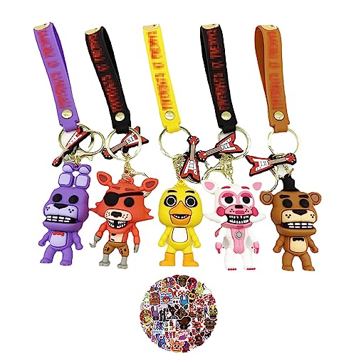 5 Pcs Keychain Nights Keyring, 50 Stickers, Birthday Gift Kids Party Supplies, Purse Backpack Handbag Charms for Boys and Girls