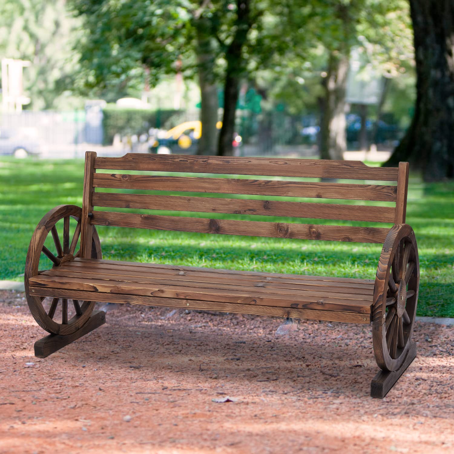KINBOR BABY Outdoor Bench Wooden Garden Seat - 55” Patio Rustic 2-Person Wagon Wheel Furniture (Style 1)