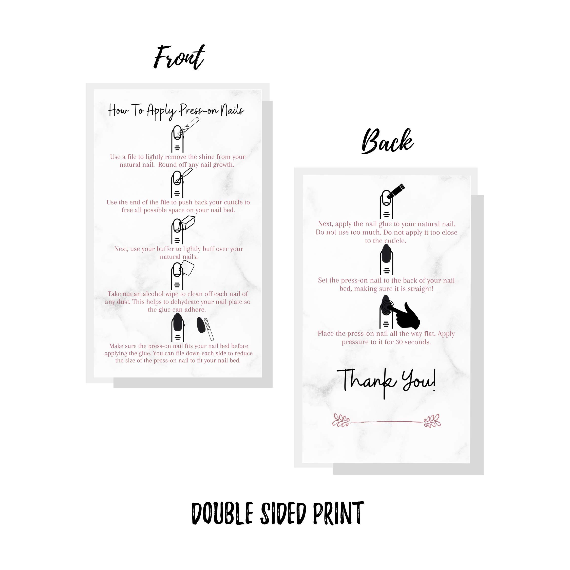 Press-On Nail Application Instructions Cards | 50 Pack | 2x3.5" inch Business Card Size | DIY Press-On Nail Kit | Marble with Rosey Gold Design