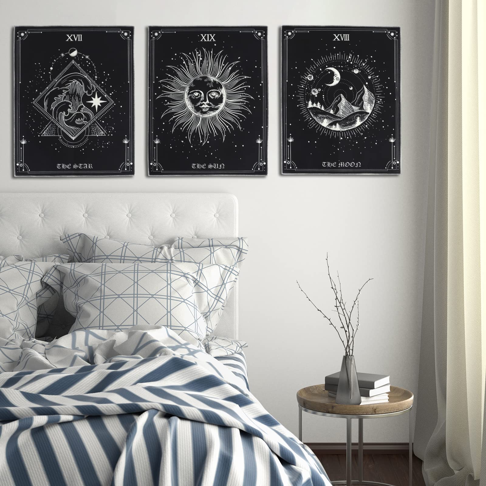 3 Pack Tarot Tapestry, Sun Moon & Star Tarot Card Tapestry, Vintage Sun Tapestry Vertical Aesthetic Wall Hanging With Seamless Nails (Black 15.4" x19.3") (Black)