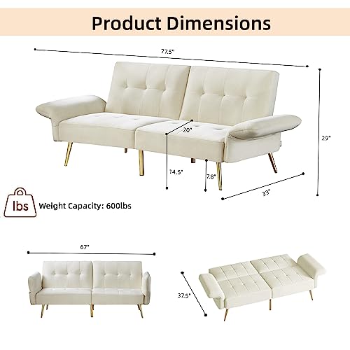 Anwick Velvet Convertible Futon Sofa Bed, Memory Foam Futon Couch Sleeper Sofa, 77.5''Modern Loveseat Sofa with Adjustable Backrest and Armrests for Home Living Room Office (Beige)