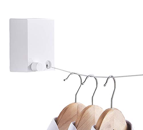 ELLO&ALLO Adhesive Retractable Clothesline with Adjustable Stainless Steel Rope String Hotel Indoor Clothes Dryer, Wall Mounted Shower Drying Line for Bathroom, 13.8 Feets (White)