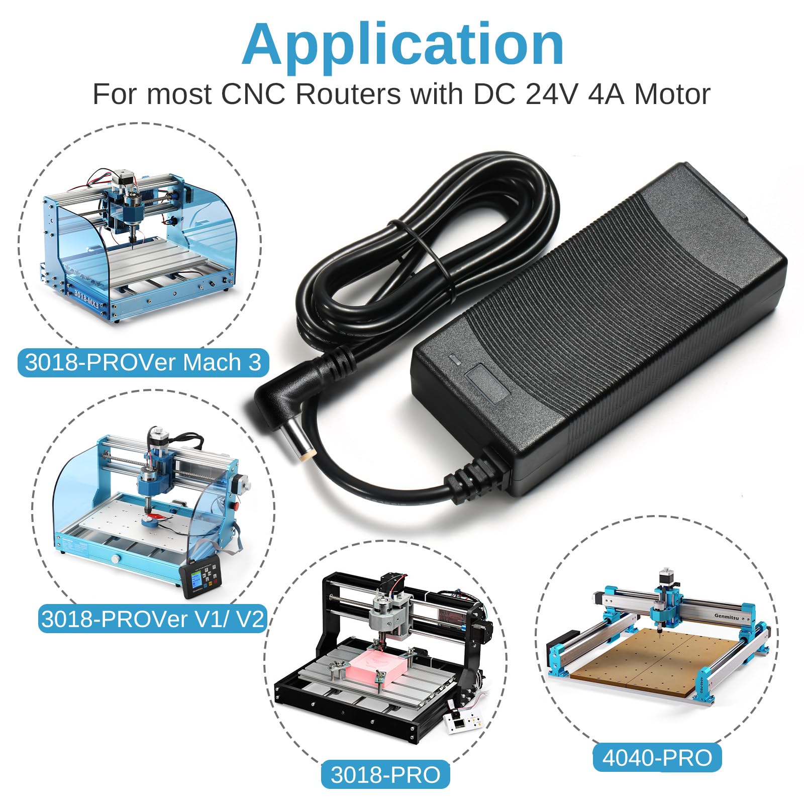 Genmitsu Power Supply Adapter for Upgraded 20000RPM Spindle Compatible with CNC Routers 3018-PRO/3018-PROVer/3018-PROVer Mach3/4040-PRO/4040 Reno, 24V 4A DC, 12.7 x 5.6 x 2cm