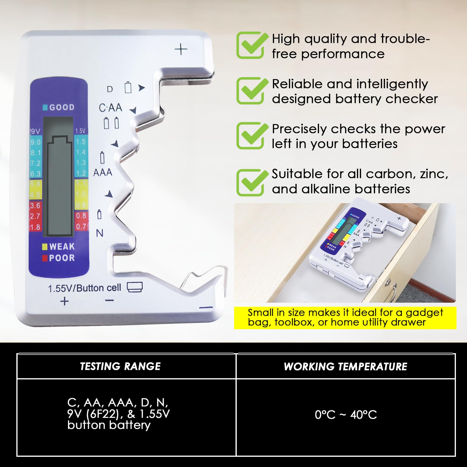 Battery Tester Universal Battery Checker with LCD Display Digital Multi Purpose Small Battery Checker for All Battery C AA AAA D N 9V 6F22 1.5V Button Cell Batteries