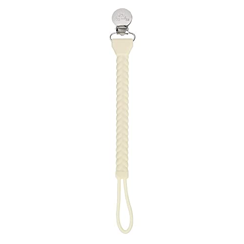 Itzy Ritzy Silicone Pacifier Clip; 100% Silicone Pacifier Strap with Clip Keeps Pacifiers, Teethers & Small Toys in Place; Features Cute Braid Detailing & Silicone Cord, Buttercream with Silver Clip