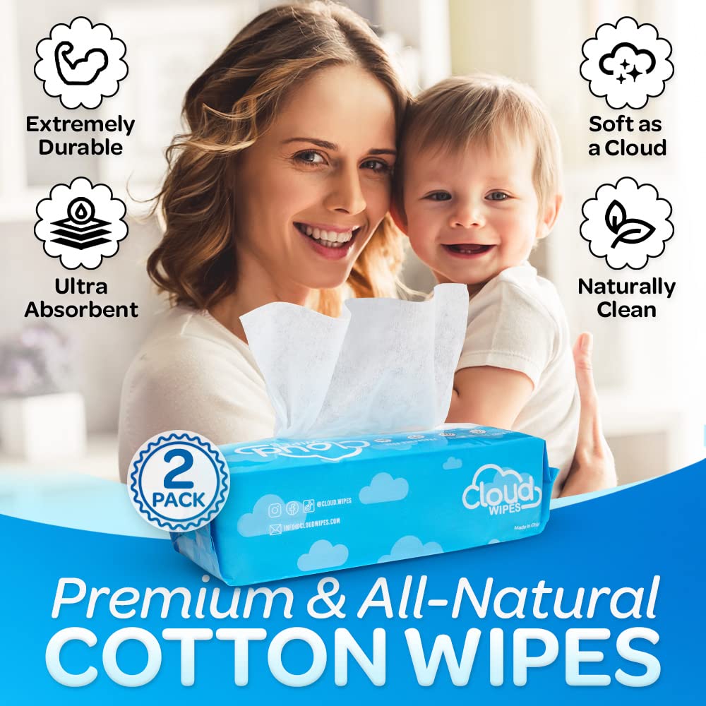 Cloud Wipes Pure Dry Cotton Baby Wipes Soft Durable Unscented Cloth Tissue for Sensitive Skin (2-Pack 200 Count)
