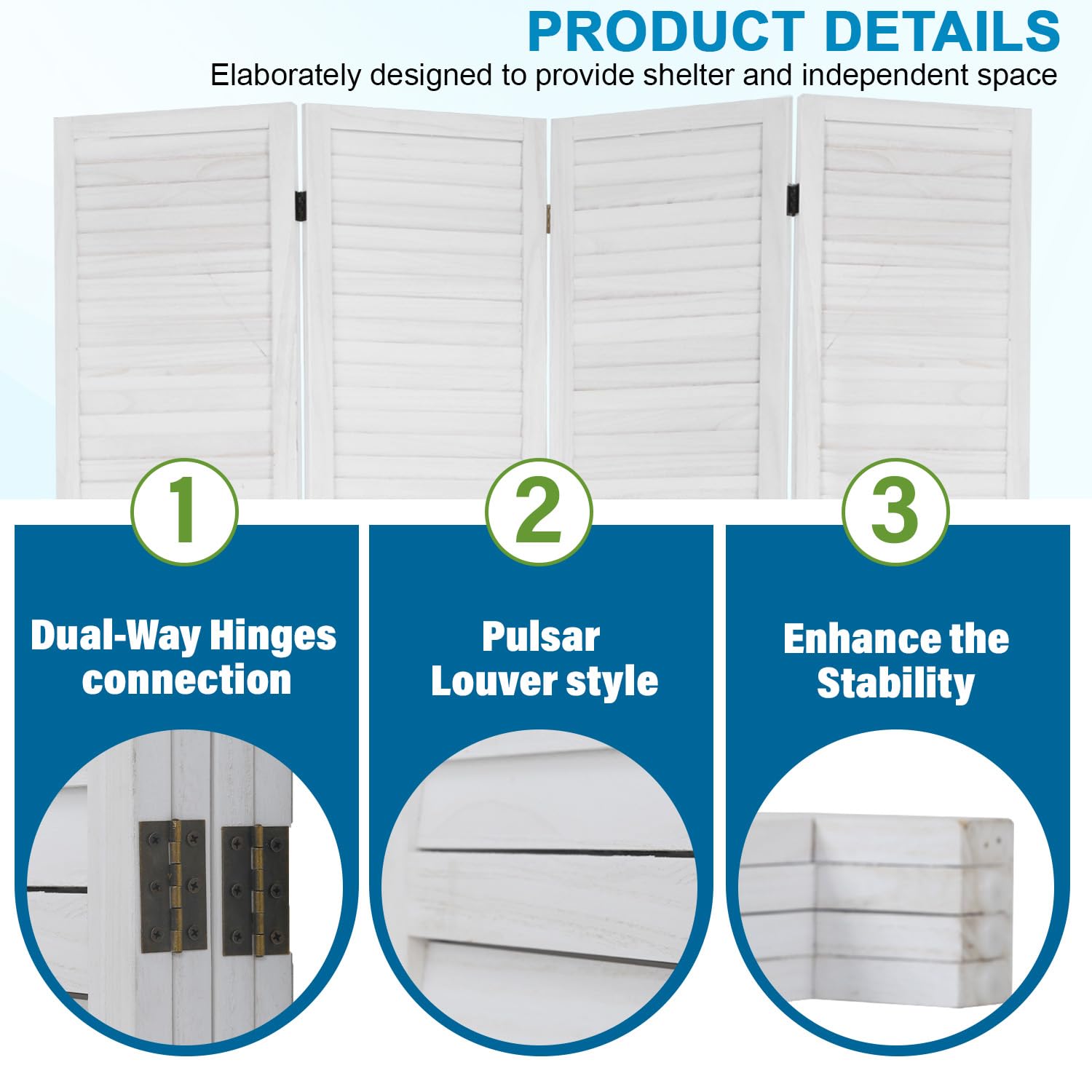 4 Panel Wood Room Divider Privacy Screen Wall Divider Folding Privacy Screens Room Divider Wall Portable Partition Room Divider Separator,White