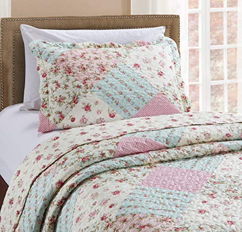 Brilliant Sunshine Pink and Green Rose Patchwork, 2-Piece Quilt Set with 1 Sham, Reversible Bedspread, Soft Lightweight Coverlet, All-Season, Twin, Pink Green