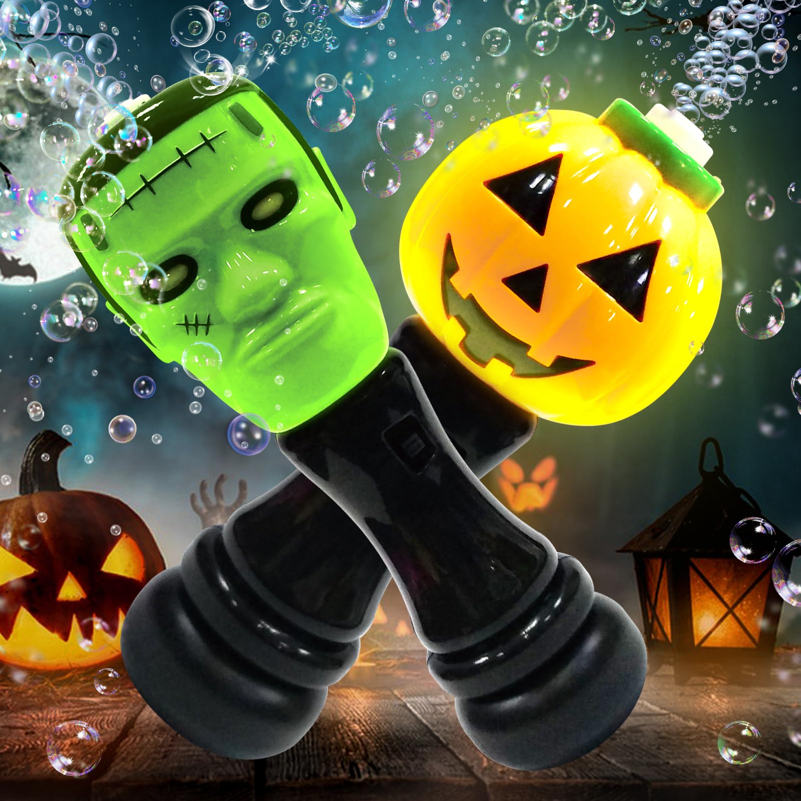 2 PCS Halloween Bubble Blower Wand for Kids, Automatic Light Up Pumpkin and Science Freak Bubble Machine Halloween Party Favors Decor Gift for Kids