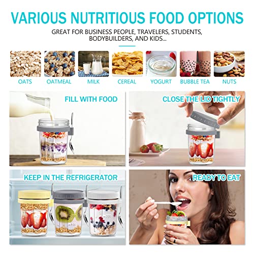 Alitake Overnight Oats Container with Lid and Spoon - 16 oz Glass Overnight Oats Jars with Measurement Mark - 4 Pcs Portable Large Capacity Airtight Mason Jars for Overnight Oats, Cereal, Milk, Fruit