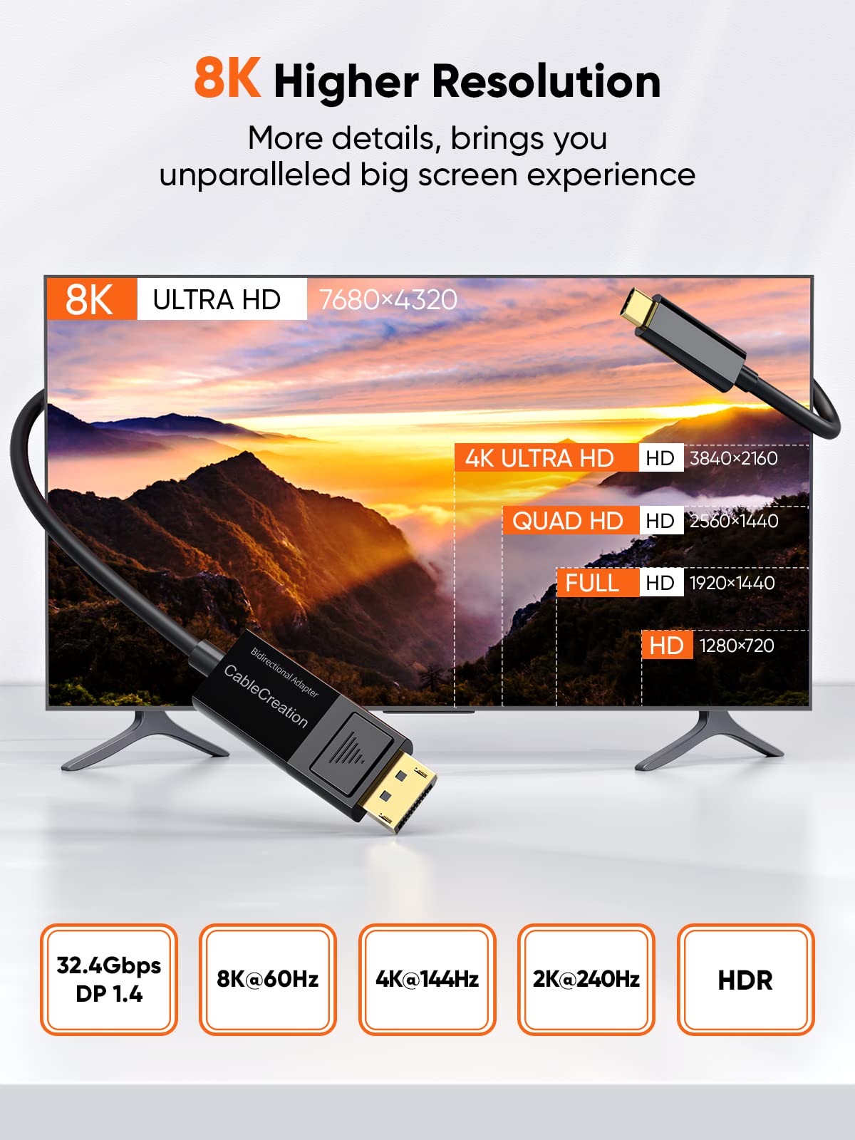 CableCreation 8K USB C to DisplayPort Cable 6FT [HDR, 8K@60Hz, 4K@144Hz, 2K@240Hz] Type C Cable to DP 1.4 Compatible with Thunderbolt 3/4, iPhone 16 15 Pro Max Plus MacBook Pro/Air iPad XPS Galaxy S24