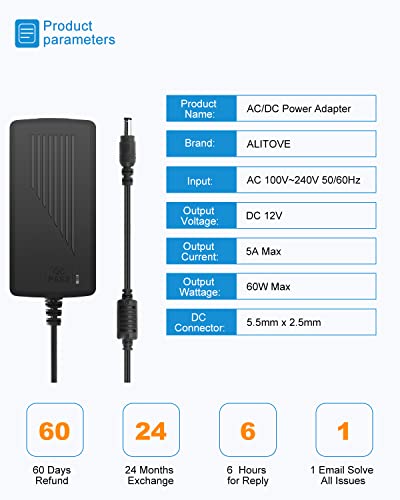 ALITOVE DC 12V 5A Power Supply Adapter Converter Transformer AC 100-240V Input with 5.5x2.5mm DC Output Jack for 5050 3528 LED Strip Module Light