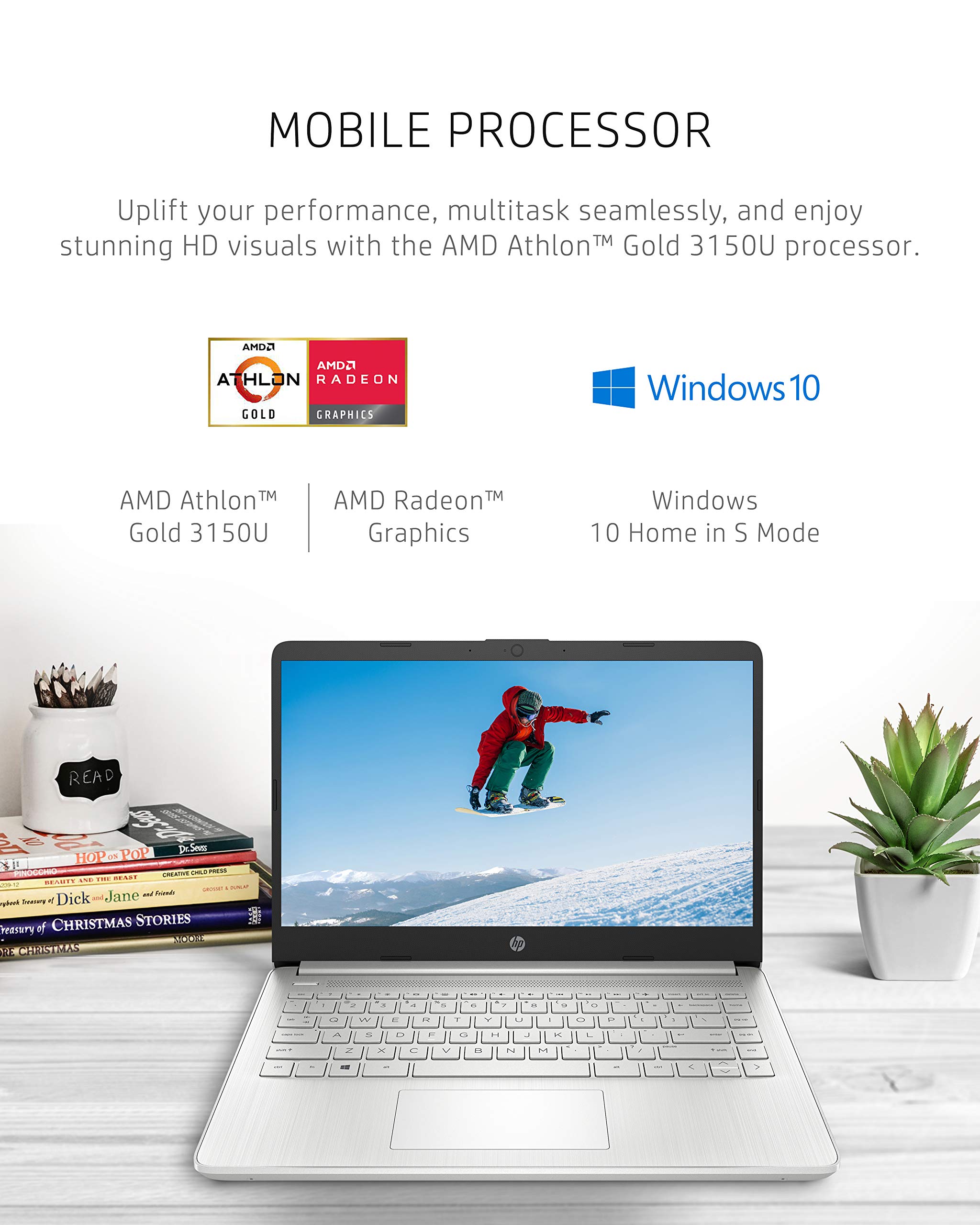 HP 14 Laptop, AMD Athlon Gold 3150U, 4 GB RAM, 128 GB SSD Storage, 14-inch HD Display, Windows 10 in S Mode, Long Battery Life, Webcam with Dual Mics, Thin & Light Design (14-fq0090nr, 2021)