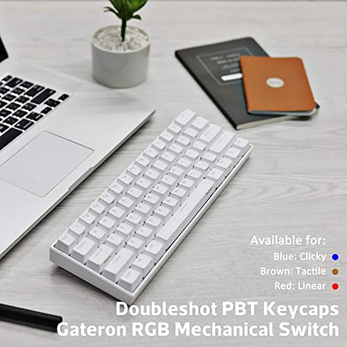 Anne PRO 2D, 60% Wired/Wireless Mechanical Keyboard (Gateron Brown Switch/White Case) - Full Keys Programmable - True RGB Backlit - Tap Arrow Keys - Double Shot PBT Keycaps - NKRO - 1900mAh Battery