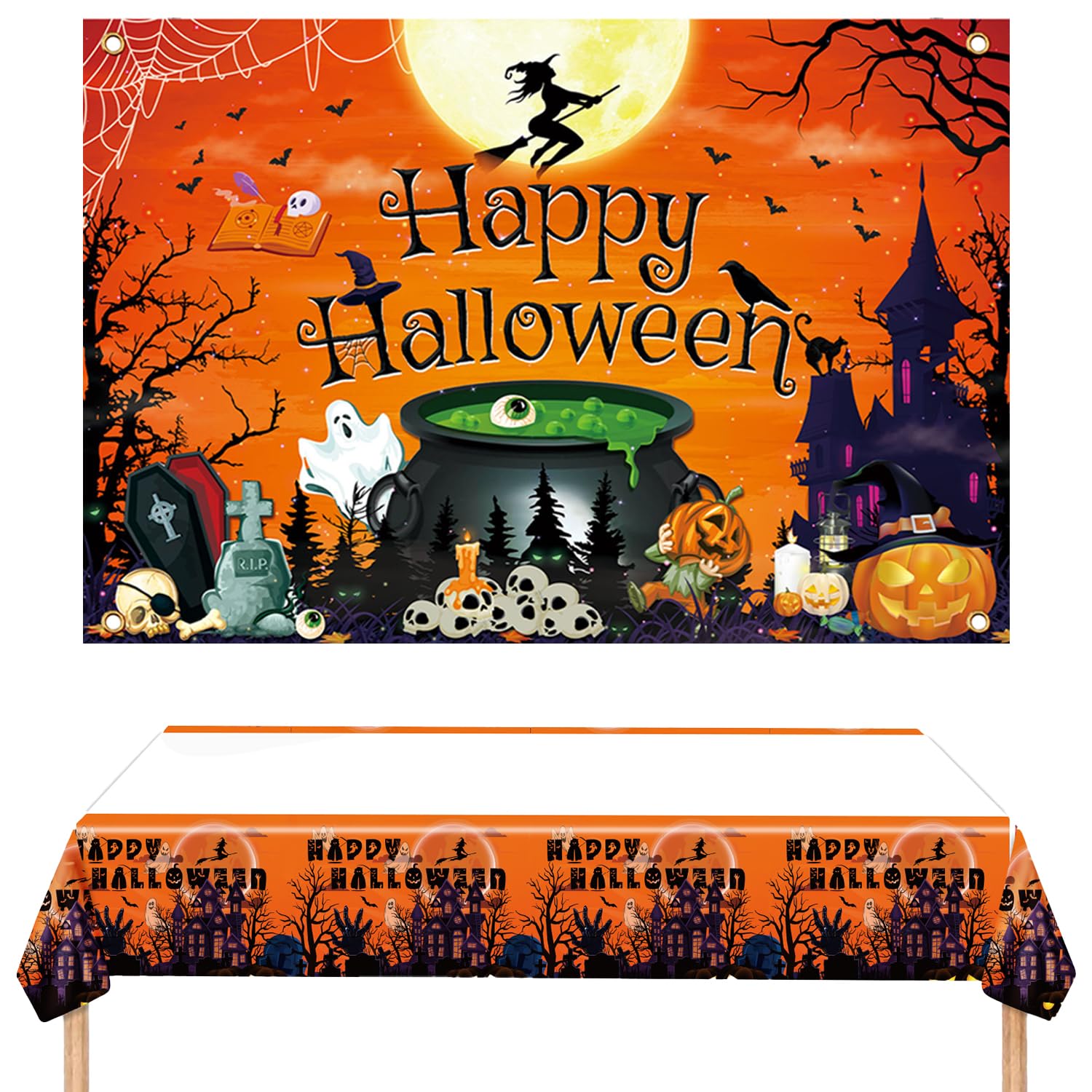 2PCS Happy Halloween Banners for Halloween Decorations Indoor, Orange Halloween Photo Backdrops for Halloween Decorations with Happy Halloween Table Cloth, Halloween Backdrops for Photography