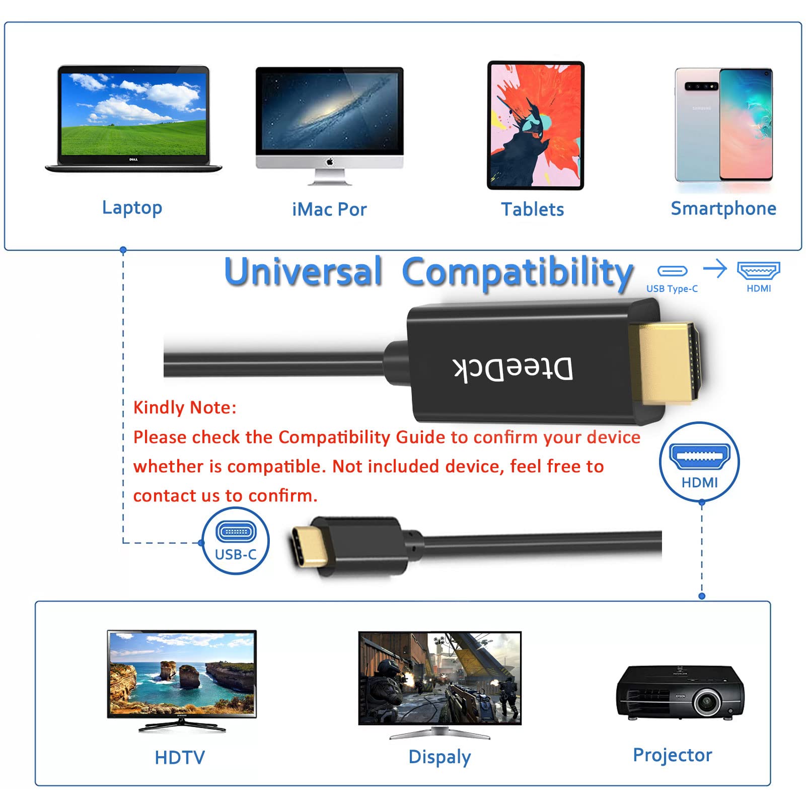 DteeDck USB C to HDMI Cable 6FT 2 Pack, 4K USB Type C to HDMI Adapter Video & Audio Output Thunderbolt 3 Thunderbolt 4 Compatible with MacBook pro, MacBook, iMac, Samsung, Surface Pro and More