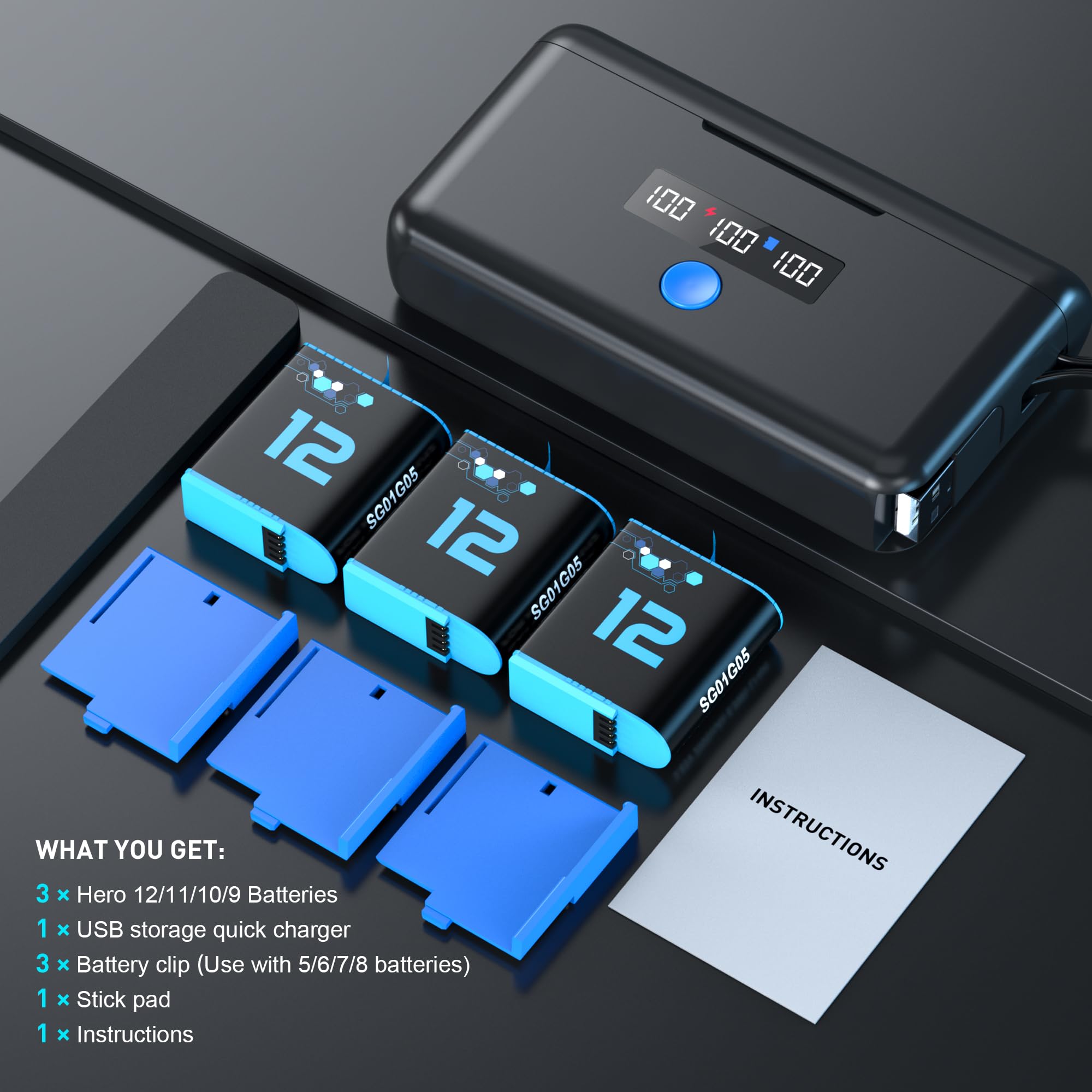 TOMSHEIR 2000mAh (3-Pack) Batteries for GoPro Hero 9/10/11/12 and 3-Channel Storage Charger Fully Compatible with Gopro Hero 5/6/7/8 9/10/11/12 Official Battery