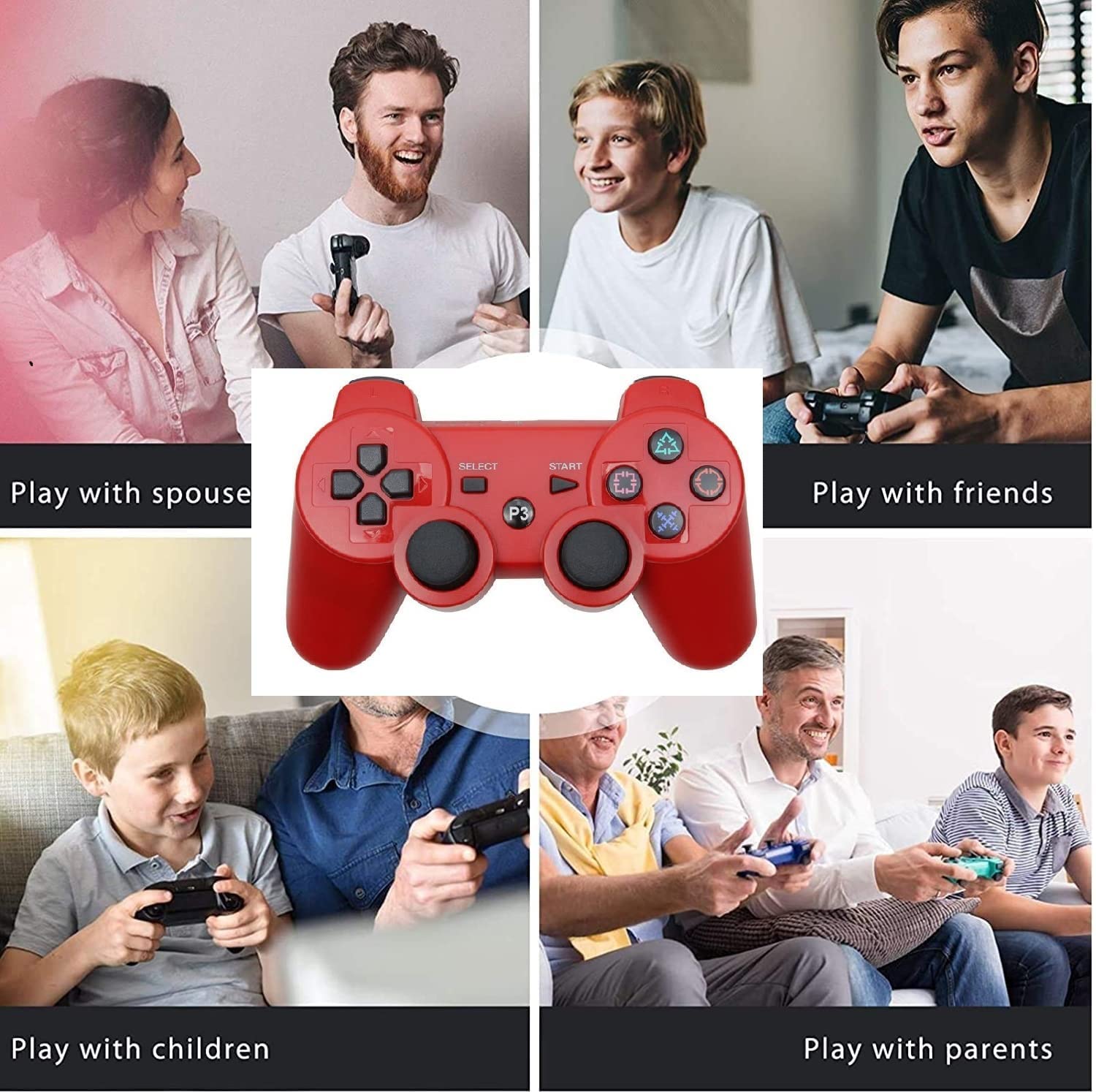 2 Pack PS3 Wireless Controller Playstation 3 Controller Wireless Bluetooth Gamepad with USB Charger Cable for PS3 Console (Red+White)