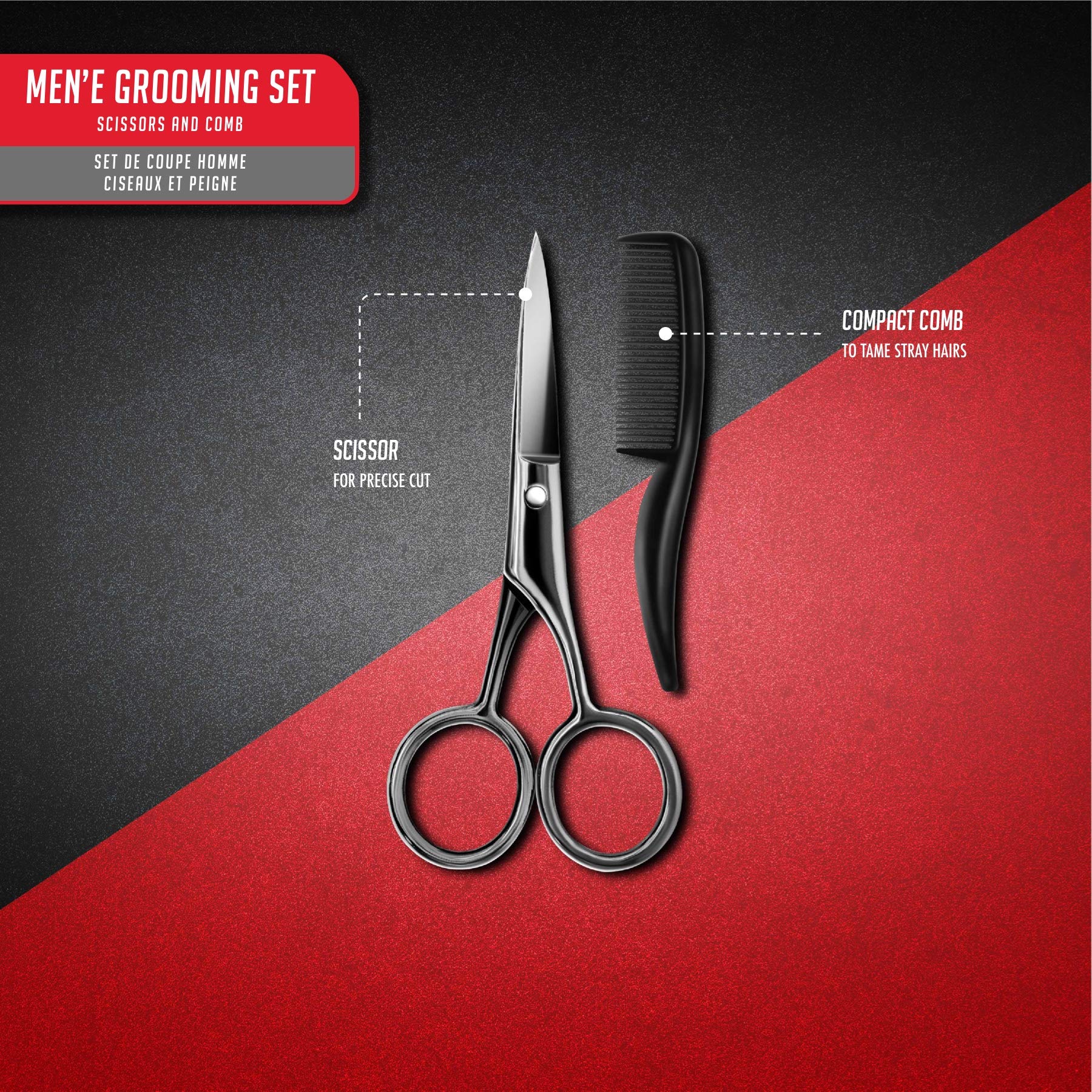 ManMade: Men's Grooming Set Mustache and Beard Scissors + Free Comb, Two-Piece Grooming Essentials, Stainless Steel Facial Hair Scissors for Men (Red)