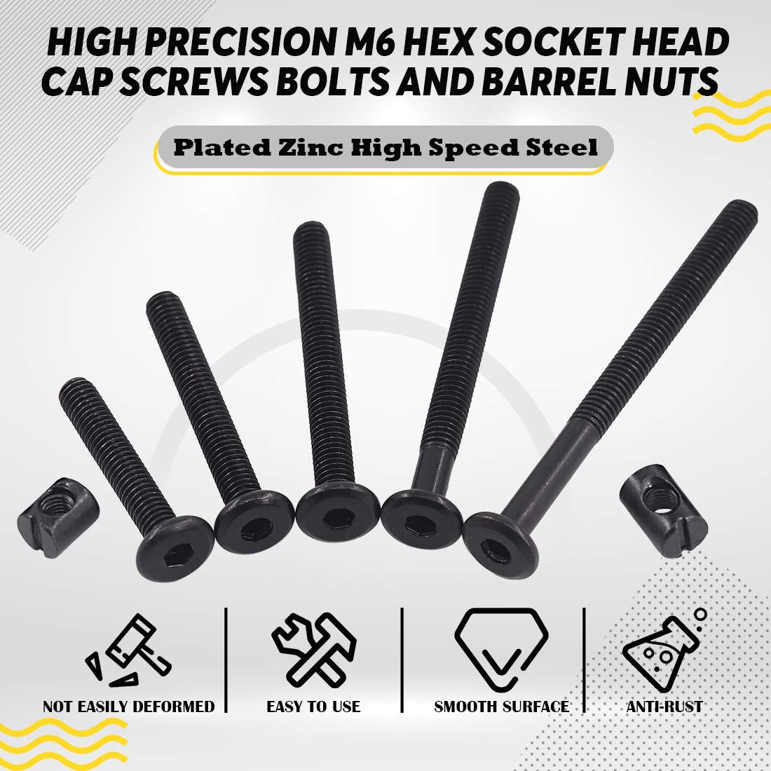 Hilitchi M6 120Pcs Black Hex Socket Head Screws Bolts Barrel Nuts Hardware Assortment Kit for Crib Baby Bed Furniture Cots and Chairs (40mm/50mm/60mm/70mm/80mm-Assortment Kit)