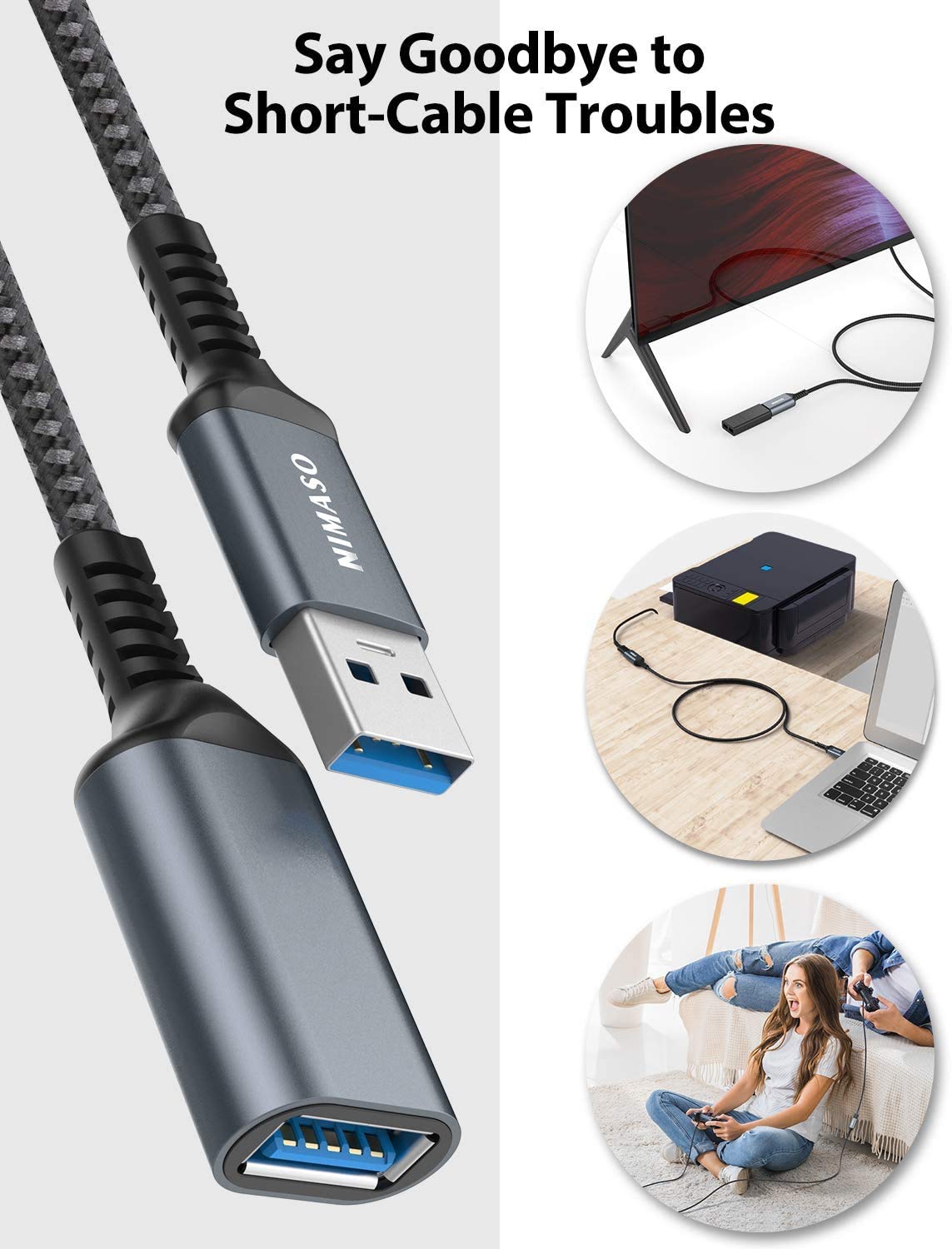 2 Pack 3.3FT + 6.6FT USB 3.0 Extension Cable, NIMASO USB A Male to Female Extension Cord Durable Material Fast Data Transfer Compatible with Printer, USB Keyboard, Flash Drive, Hard Drive, Playstation