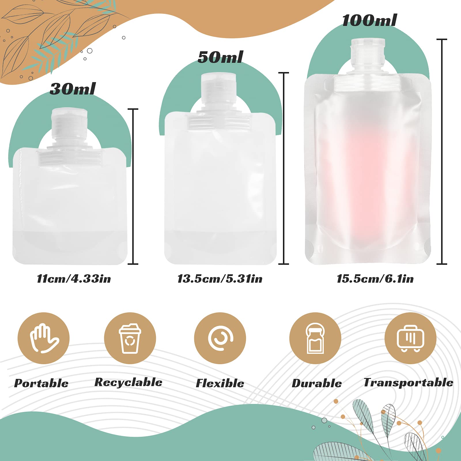 IETONE 10 Pieces 100 ml Transparent Clamshell Packaging Bag Plastic Stand Up Spout Pouch Portable Travel Fluid Makeup Packing Bag for Lotion/Shampoo/Face Cream/Hand Soap/Mask Mud