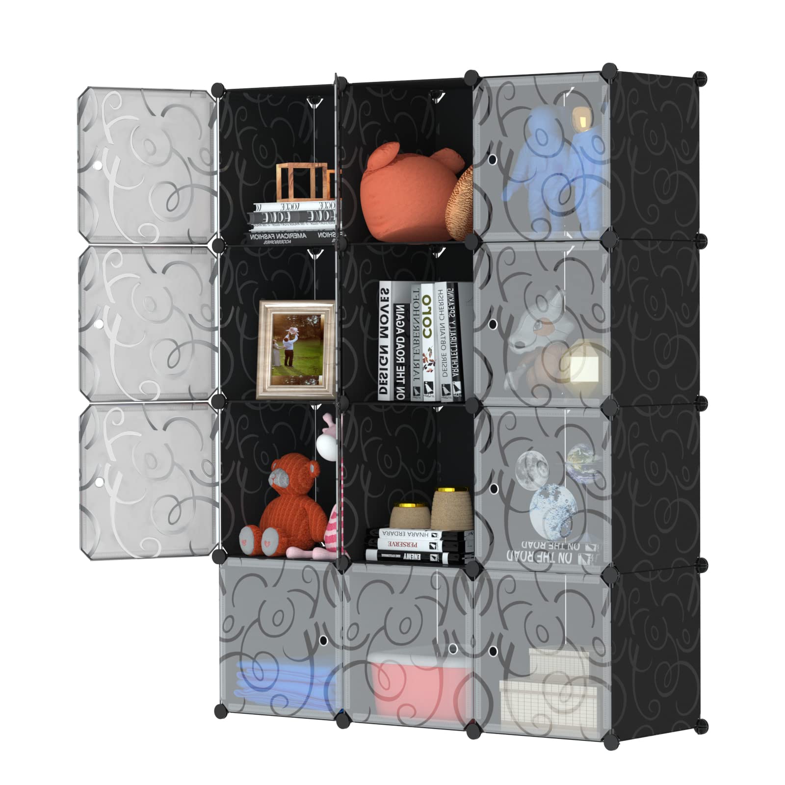 Anenz Cube Storage Organizer,12-Cube Closet Organizer with Doors Plastic Shelving Modular Cubby Shelves Shelf,14 ”x14 Black Storage Cubes Bookshelf