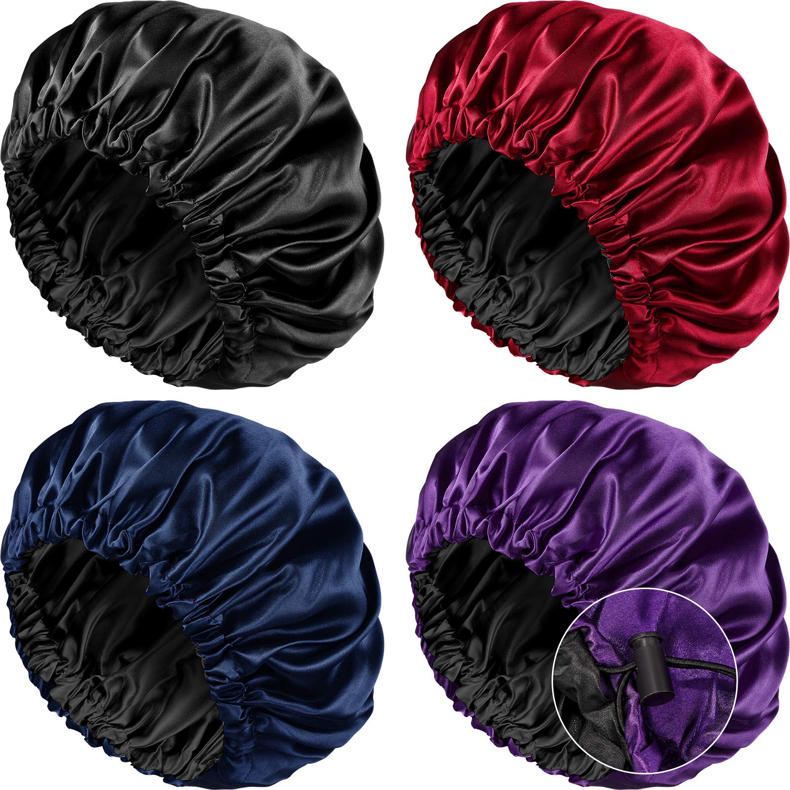 Geyoga 4 Pieces Satin Sleep Cap for Women Adjustable Satin Bonnet Large Sleep Bonnet Hair Bonnet Cap for Sleeping for Natural, Long and Curly Hair