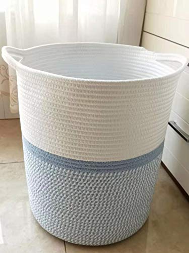 M Size Blue White Laundry Basket with Handles Toy Basket Clothes Hamper Home Decor Basket Towel Storage Woven Blanket Basket Cotton Rope Decorative Blanket Basket,Environmental Protection Material